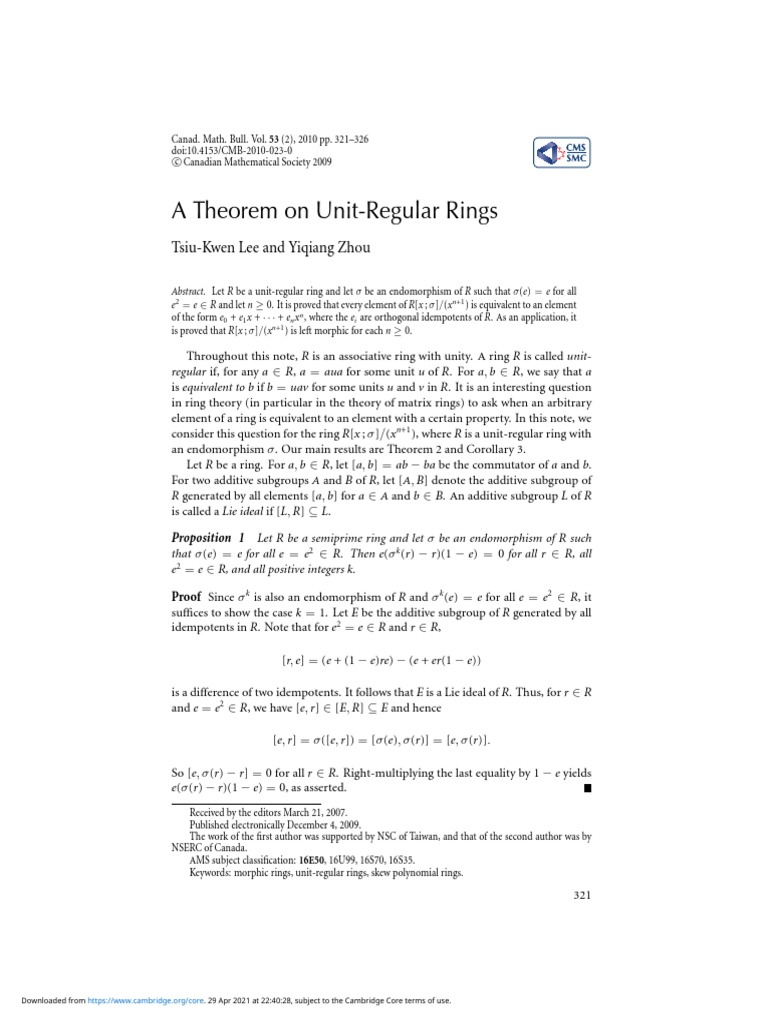 A Theorem On Unit Regular Rings - T. K. Lee and Y. Zhou | PDF | Ring ...