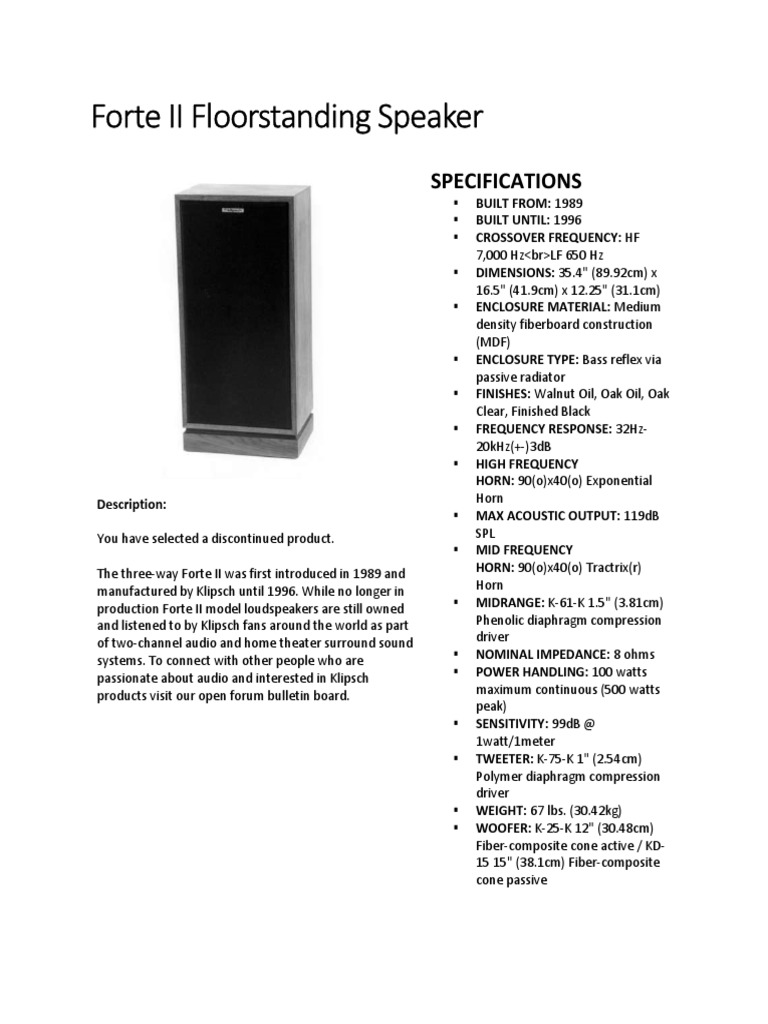 Klipsch Forte II Speaker Specifications | PDF | Loudspeaker | Sound
