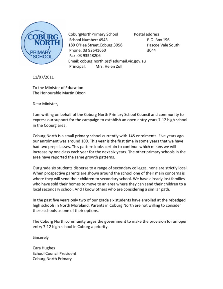 Coburg North Primary School Letter of Support For High School For ...