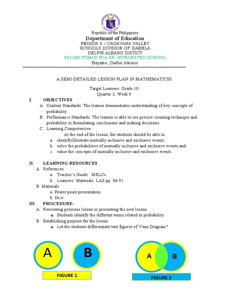 A Semi-Detailed Lesson Plan on Teaching the Concepts of Mutually Inclusive and Exclusive Events ...