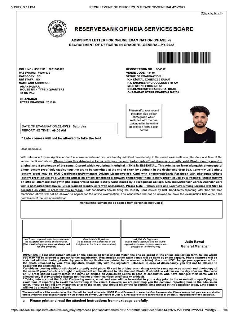 RBI_Admit_Card | PDF