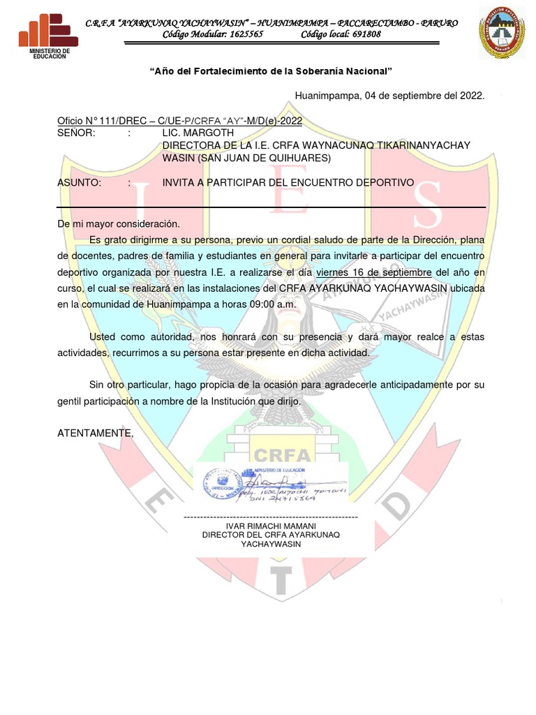 Invitacion Crfa San Juan de Quihuares | PDF