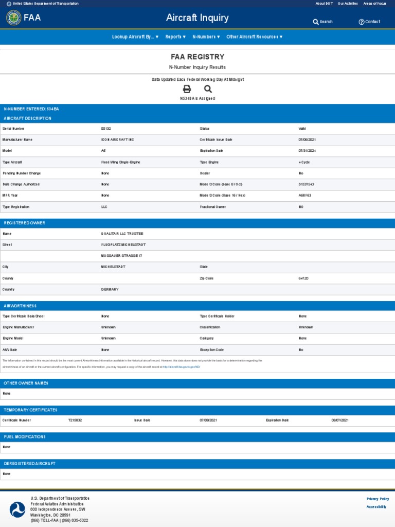 FAA Aircraft Registration N534BA | PDF | Federal Aviation ...