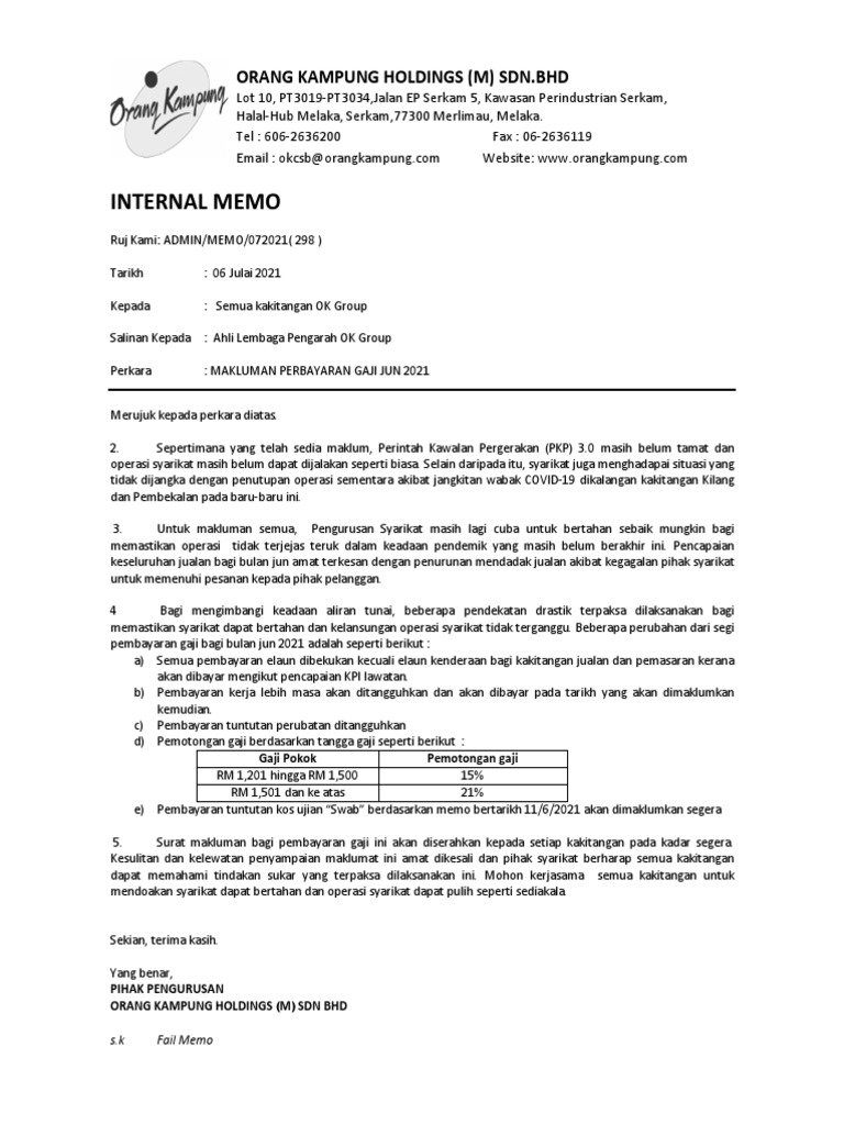 Memo Makluman Pembayaran Gaji Jun 2021 | PDF