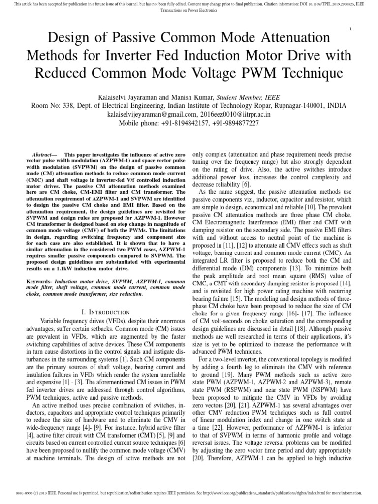 Design of Passive Common Mode Attenuation Methods For Inverter Fed ...