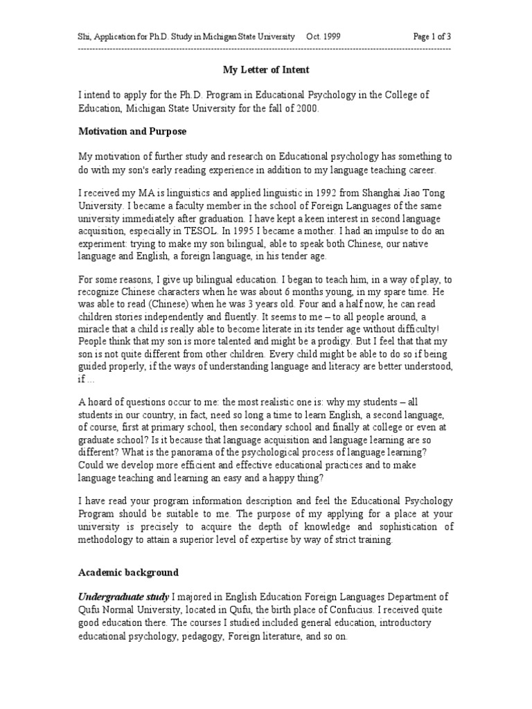 Letter of Intent For Graduate School 04 | PDF | Schools | Multilingualism