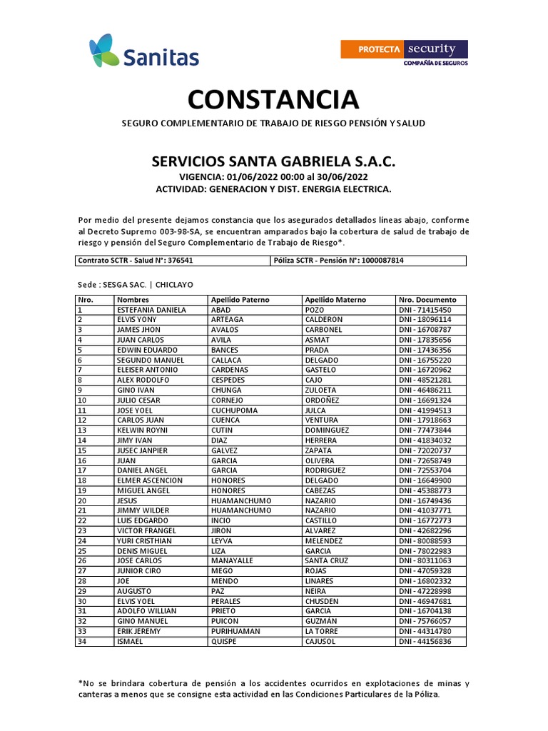 Constancia SCTR Junio Sesga | PDF | Seguro