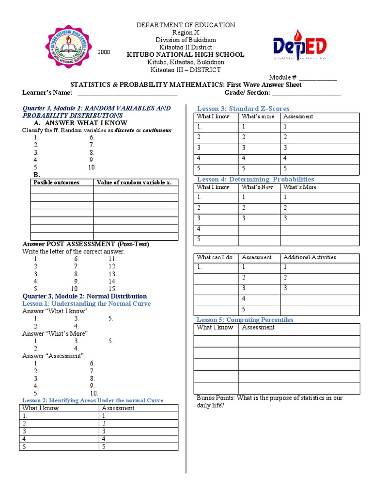 STATISTICS AND PROBABILITY Math 11 Q1 WAVE 1 Answer Sheet | Download ...
