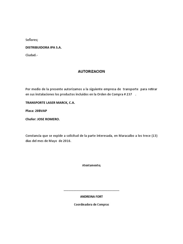 Autorización de retiro de productos por parte de Transporte Laser Marck ...