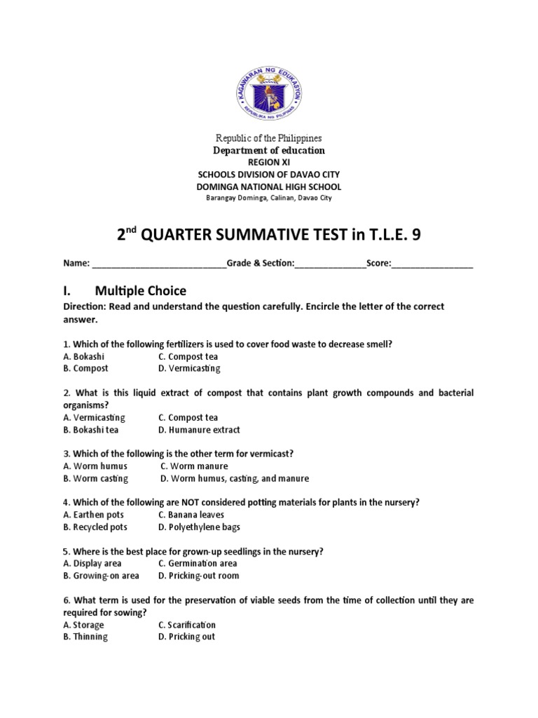 Summative Test-TLE 9 (Q2) | Download Free PDF | Compost | Plant Nursery