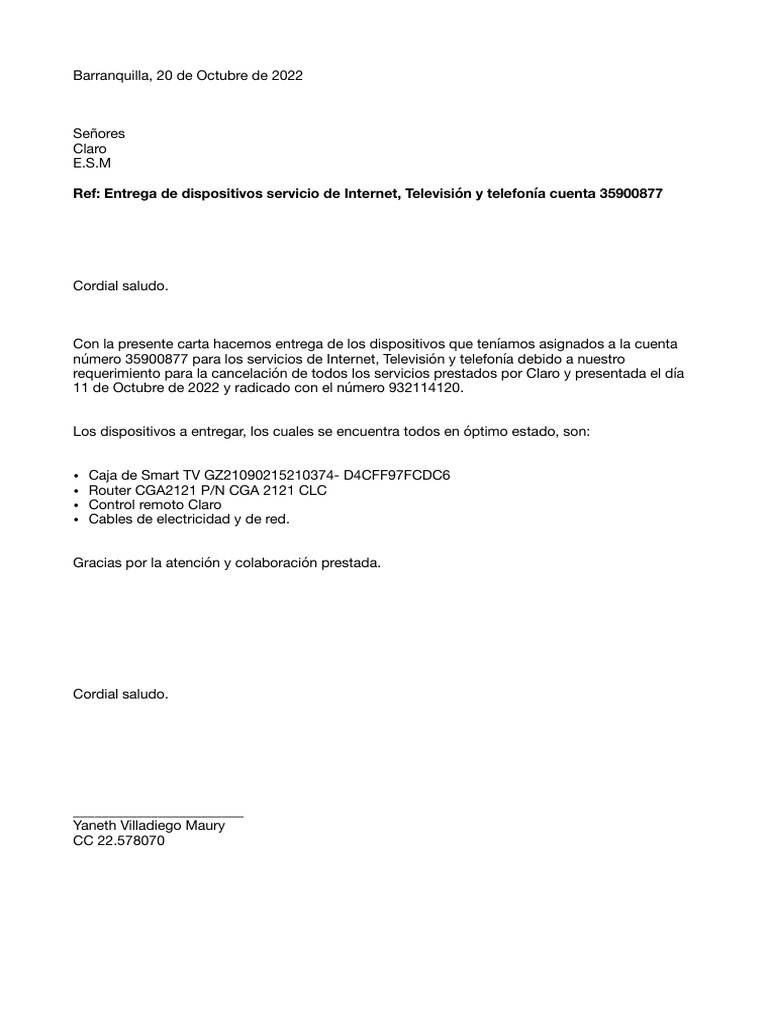 Carta Entrega Dispositivos Claro | PDF