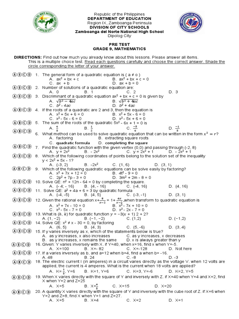 Pre Test Math 9 1 | PDF | Quadratic Equation | Mathematics