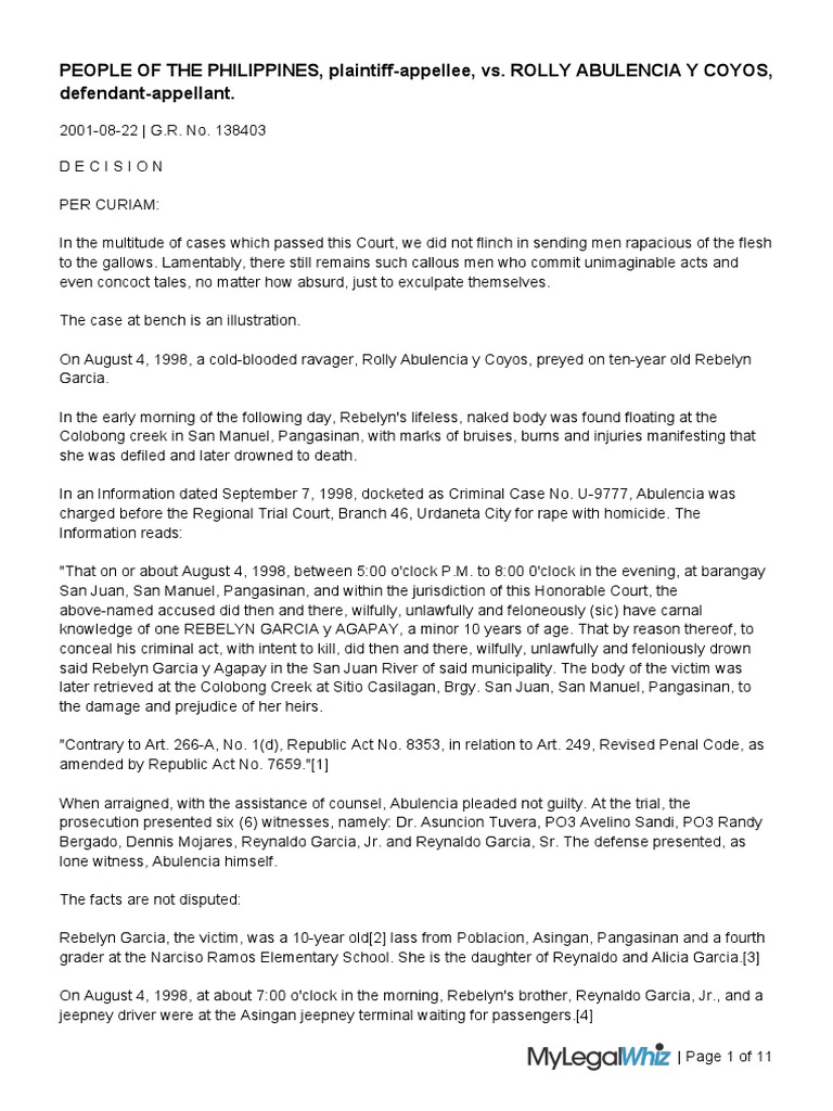 PEOPLE Vs ROLLY ABULENCIA | PDF | Circumstantial Evidence | Rape