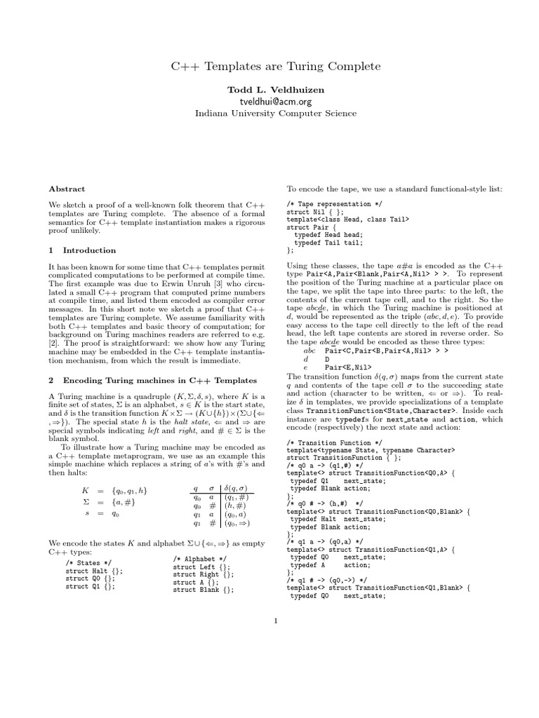 C++ Templates: A Turing Completeness Proof | PDF | C++ | Theory Of ...