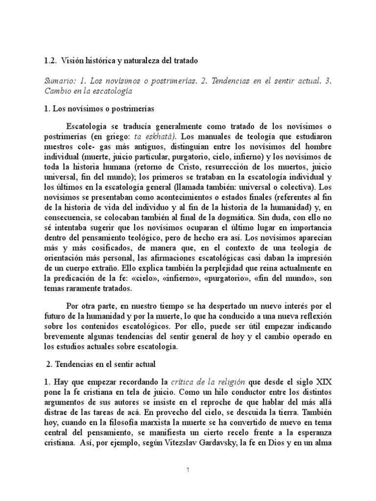 Sumario: 1. Los Novísimos o Postrimerías. 2. Tendencias en El Sentir ...