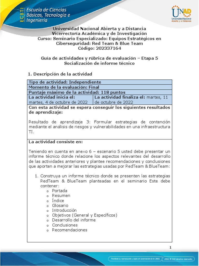 Guía de Actividades y Rúbrica de Evaluación - Etapa 5 - Socialización de Informe Técnico | PDF ...