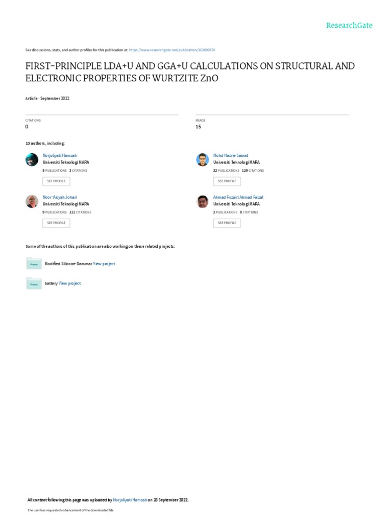 DFT First Principle LDA, PBE, PBEsol ZnO With Hubbard (2022) | PDF | Density Functional Theory ...
