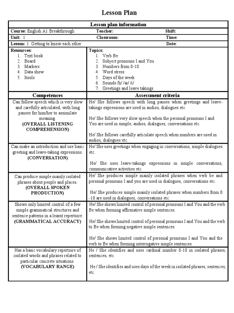 English A1 Breakthrough Lesson Plans WEEKDAYS-4 | PDF | Reading ...