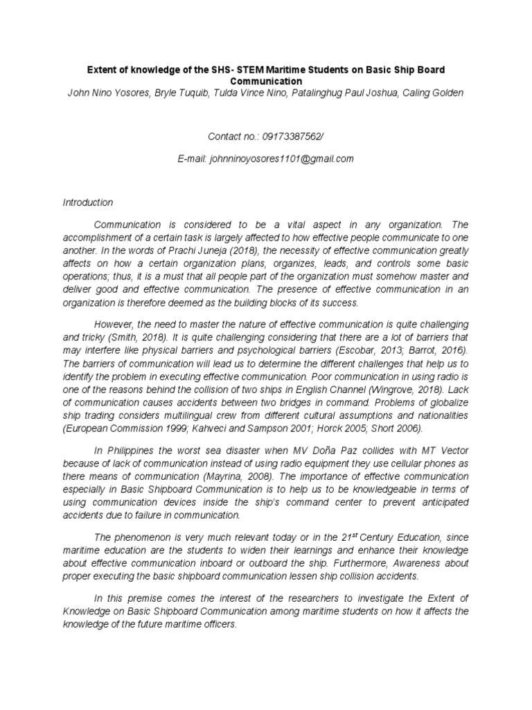 Extent of Knowledge of The SHS - STEM Maritime Students On Basic Ship ...