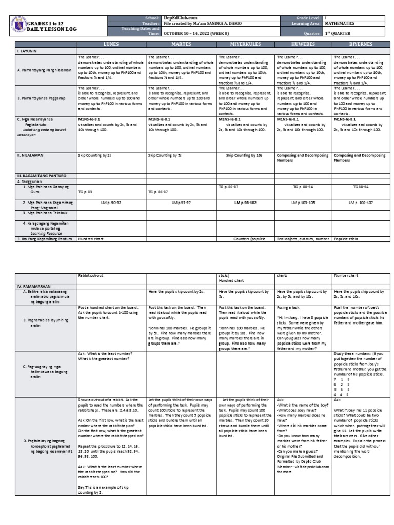 DLL_MATHEMATICS 1_Q1_W8 | PDF | Differentiated Instruction