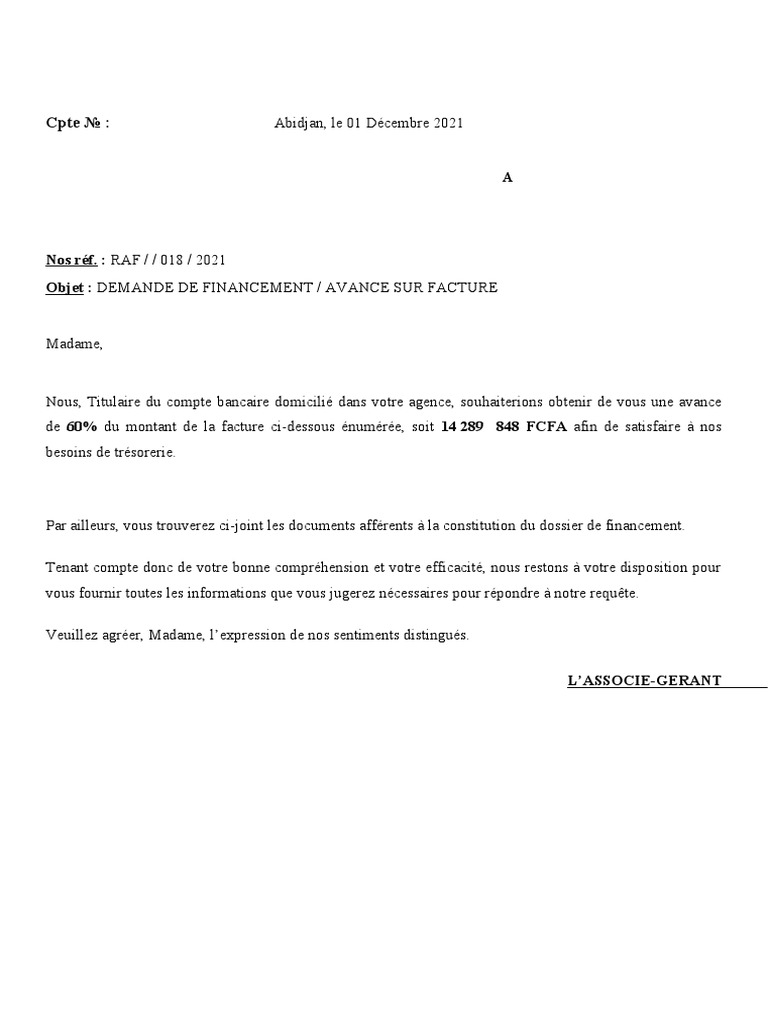 Demande d'avance sur facture de 60% | PDF | Affaires | Finance et ...