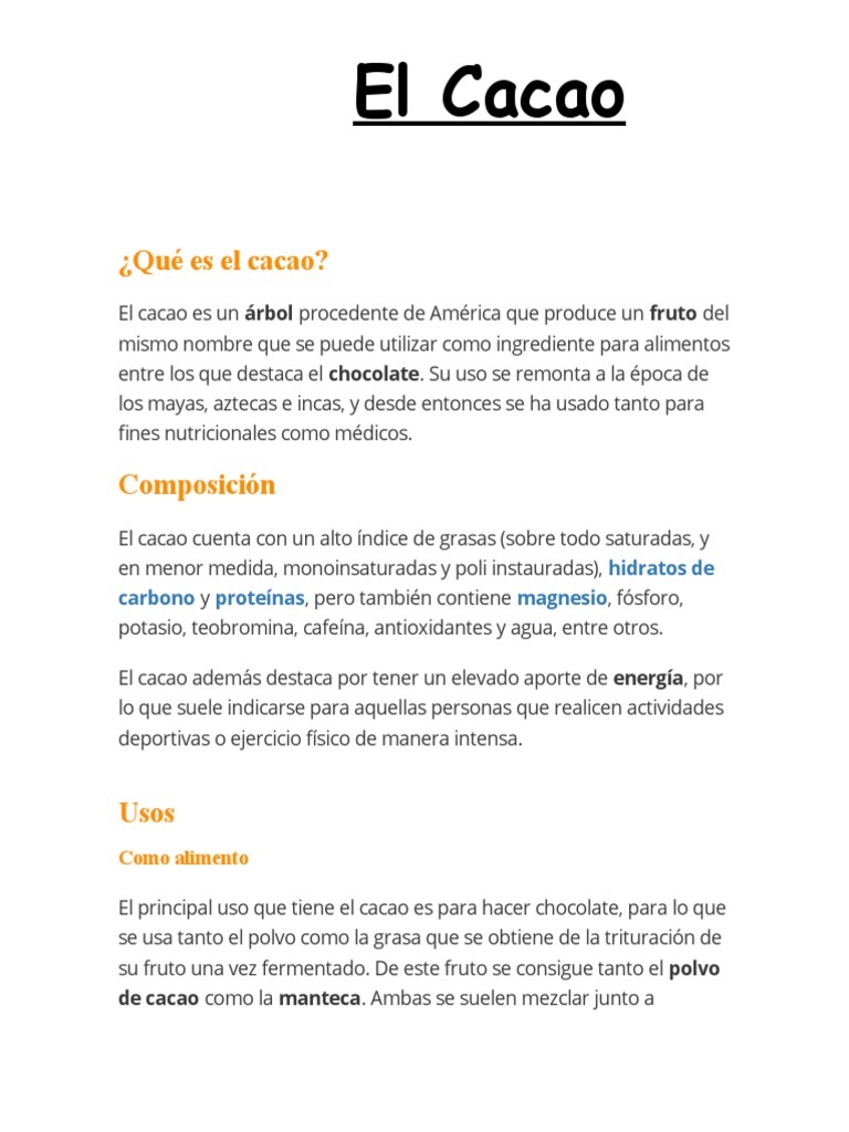 Composición y usos del cacao | PDF | Chocolate | Alimentos
