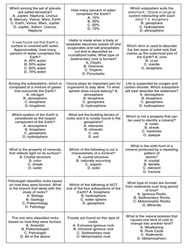 Earth Science Recitation Questions | PDF | Rock (Geology) | Earth