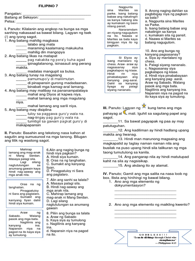 FILIPINO 7 Weekly Test | PDF