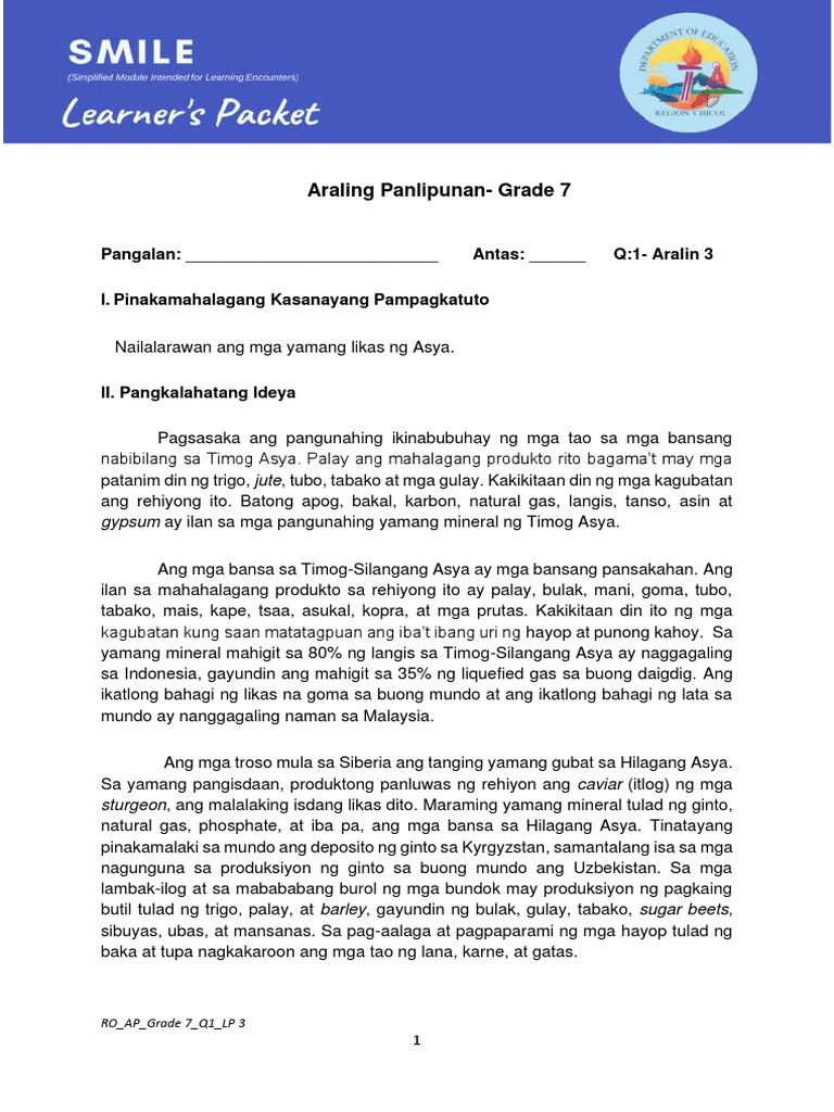 SMILE-LP-Araling-Panlipunan G7 Q1 W3 | PDF