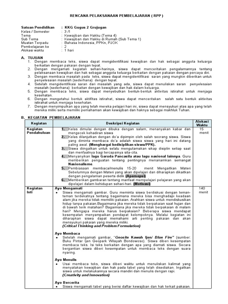 RPP Kelas 3 T 4 ST 1 PB 2 | PDF | Karier & Perkembangan