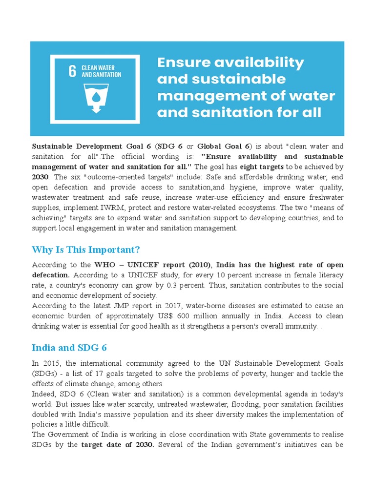 Sustainable Development Goal 6 (SDG 6 or Global Goal 6) Is About ...