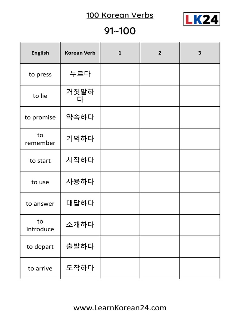 Korean Verbs List Worksheet 91 100 | PDF