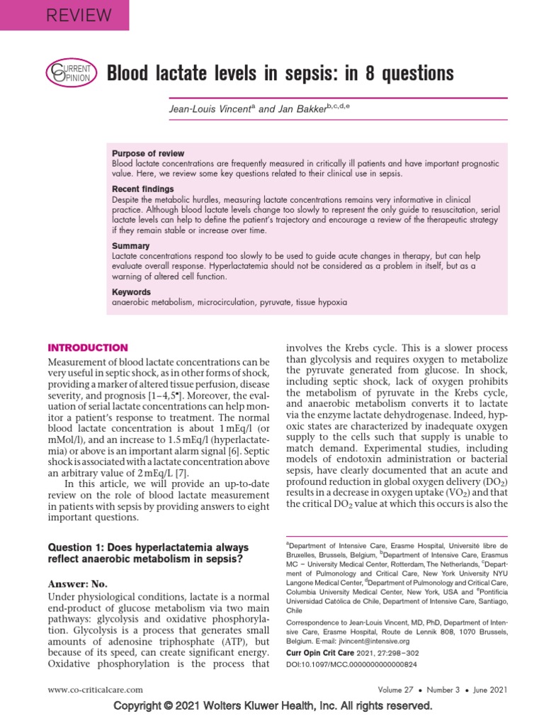 Blood Lactate Levels in Sepsis in 8 Questions | PDF | Lactate ...