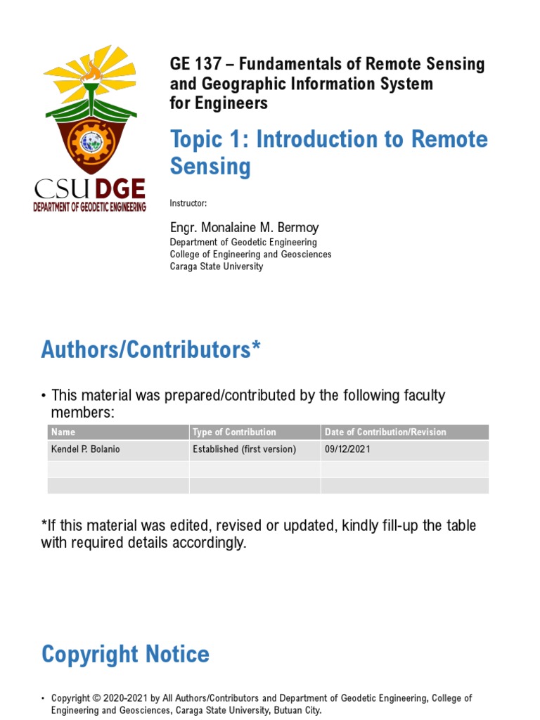 GE 137 - Lecture 1 - Introduction To Remote Sensing | PDF | Electromagnetic Spectrum | Infrared