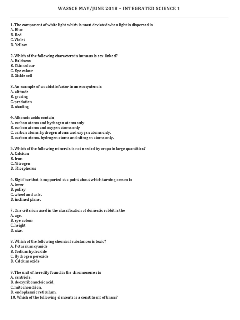 2018 Wassce Integrated Science 1 | PDF | Soil | Nitrogen