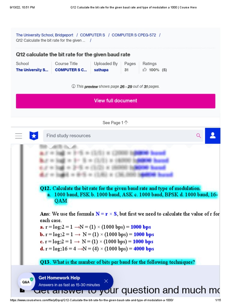 Q12 Calculate The Bit Rate For The Given Baud Rate and Type of Modulation A 1000 - Course Hero 3 ...