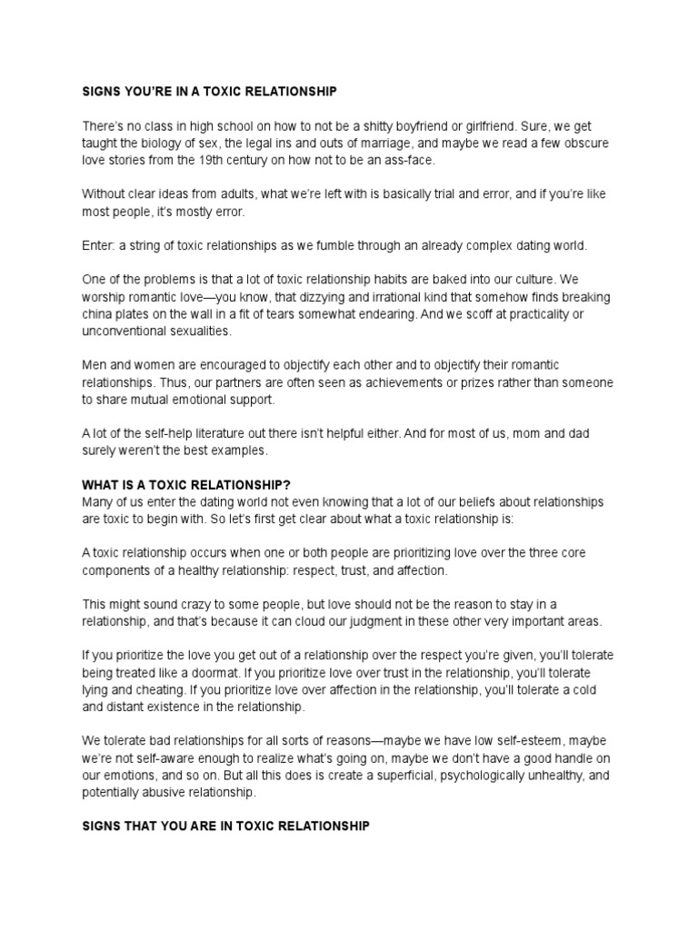 Signs You - Re in A Toxic Relationship | PDF | Jealousy | Psychological ...