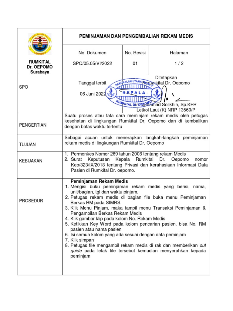 SPO Peminjaman Rekam Medis 1 | PDF