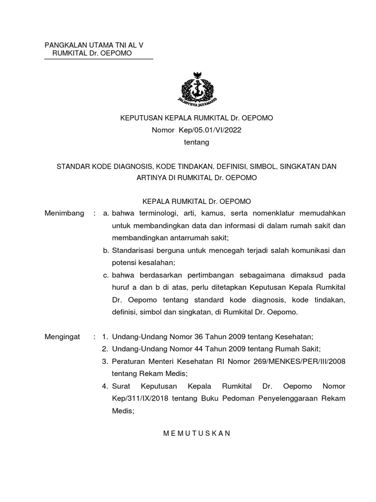 SK Penetapan Standar Kode, Diagnosis, Kode Tindakan, Definisi, Simbol Dan Singkatan Serta ...