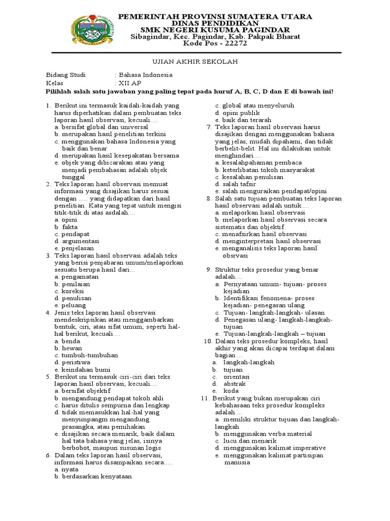 Soal Ujian Akhir Semester Bahasa Indonesia Kelas Xii AP SMK Kusuma | PDF