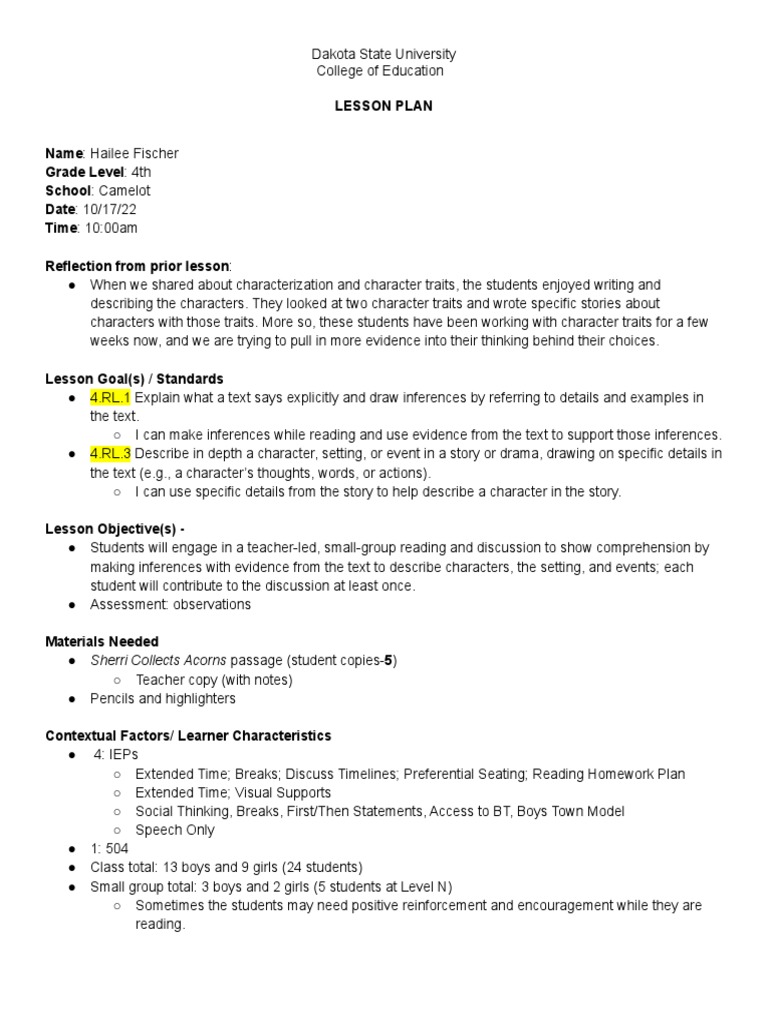 4th Grade Lesson Plan 1 | PDF | Reading Comprehension | Lesson Plan