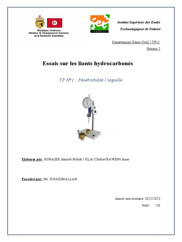 Essais Sur Les Liants Hydrocarbonés: TP N°1: Pénétrabilité L'aiguille | PDF | Physique appliquée ...