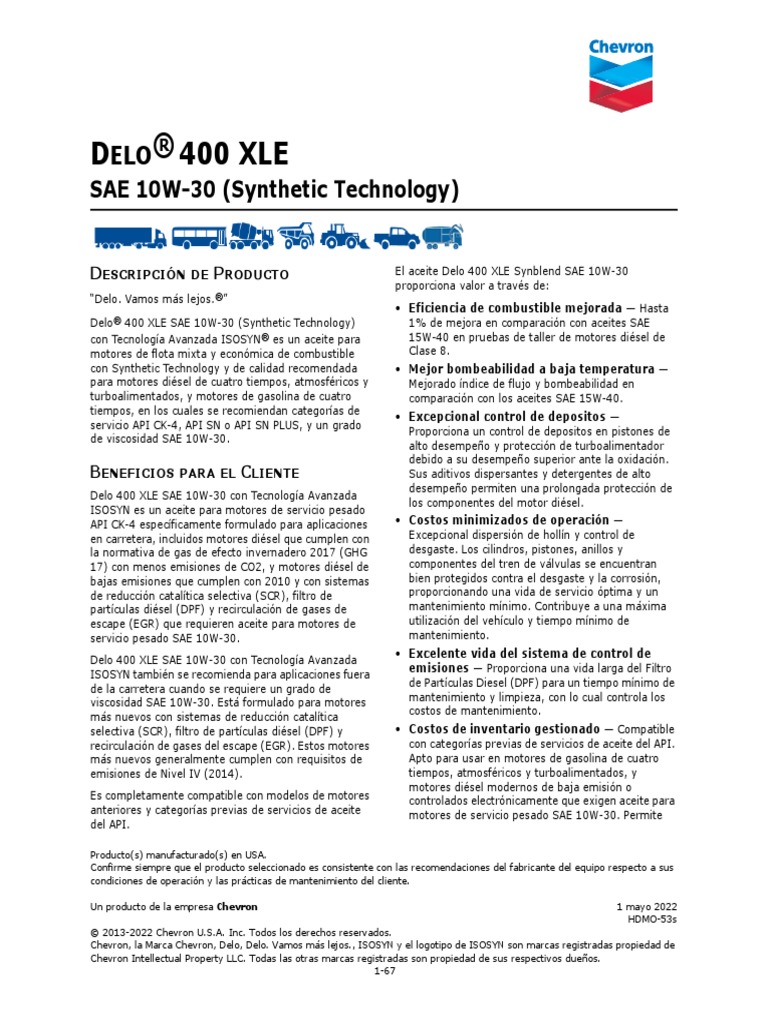 Delo 400 Xle 10w30 | PDF | Lubricante | Motor diesel
