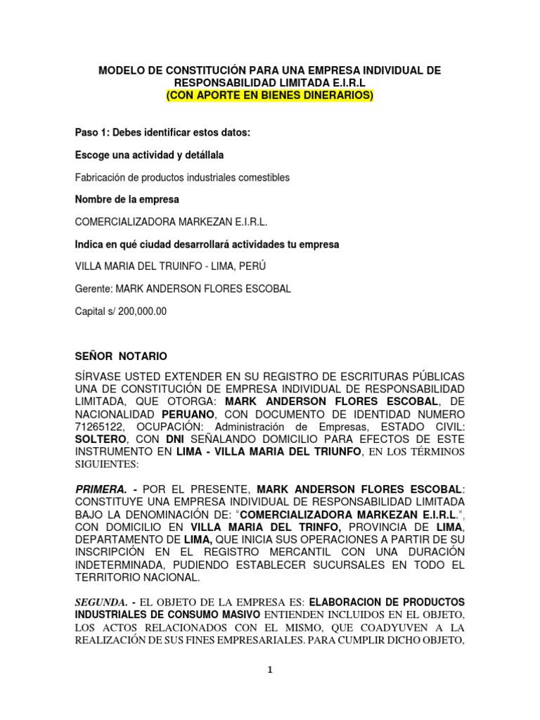 Formato de Minuta EIRL MARK ANDERSON FLORES ESCOBAL | PDF | Business | Economias
