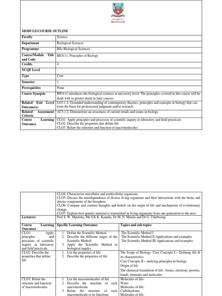 BIO111 Course Outline: Principles of Biology | PDF | Cell (Biology ...
