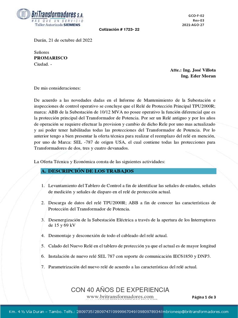 Promarisco 21-10-22 # 1723 (Cambio de Rele de Proteccion) | PDF ...