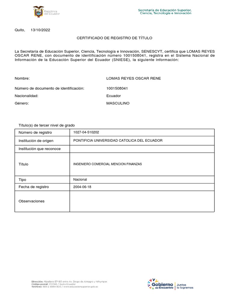 Certificado SENESCYT | PDF | Educación más alta | Ecuador