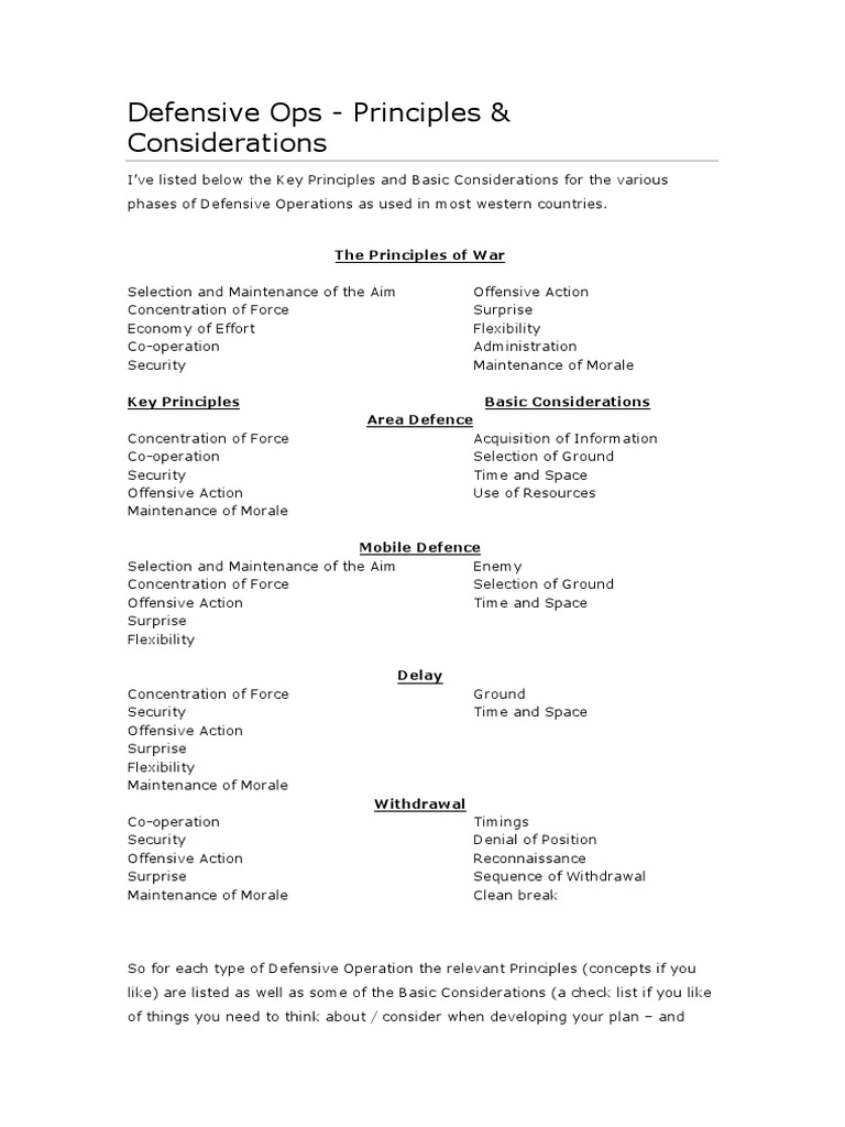 Defensive Operations - Principles and Considerations | PDF | Military