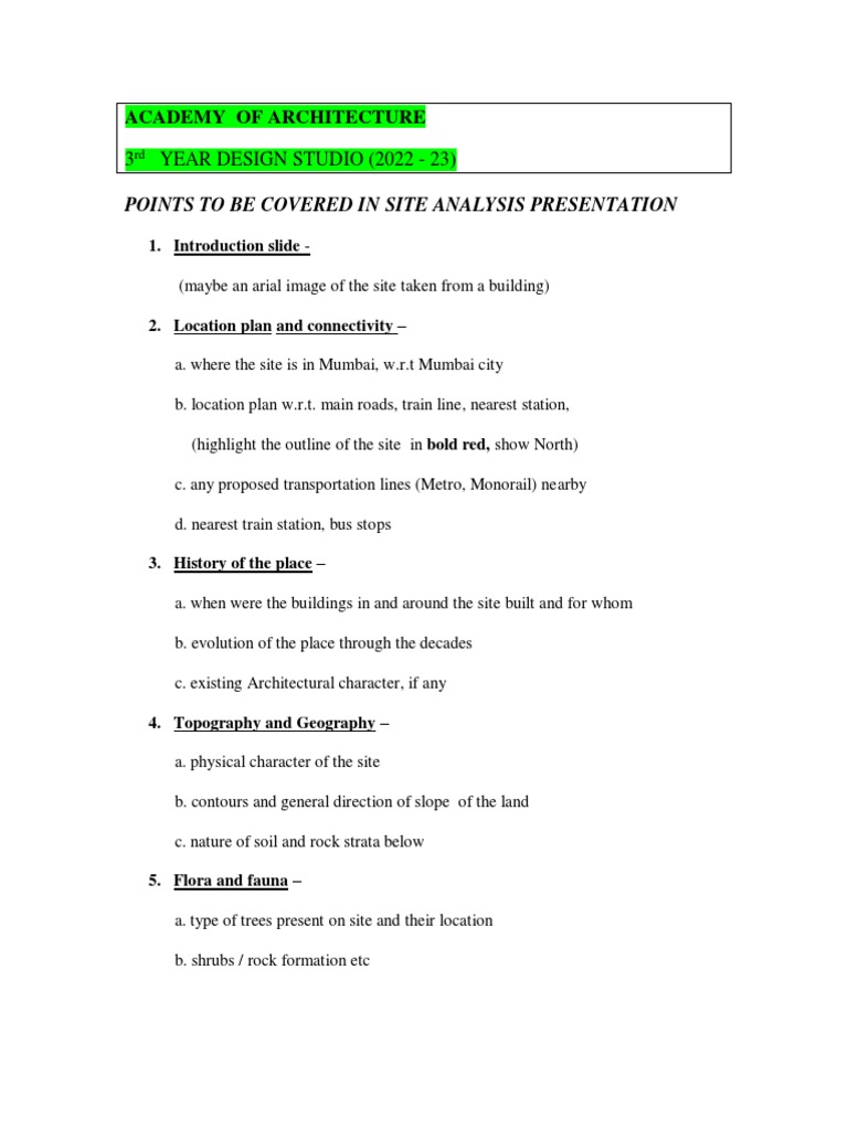 POINTS FOR SITE ANALYSIS (3rd Year) PDF | PDF | Road