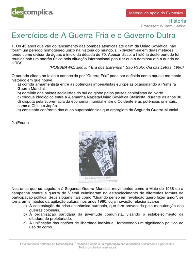Exercícios sobre a Guerra Fria e o governo Dutra | PDF | Europa | Guerra Fria